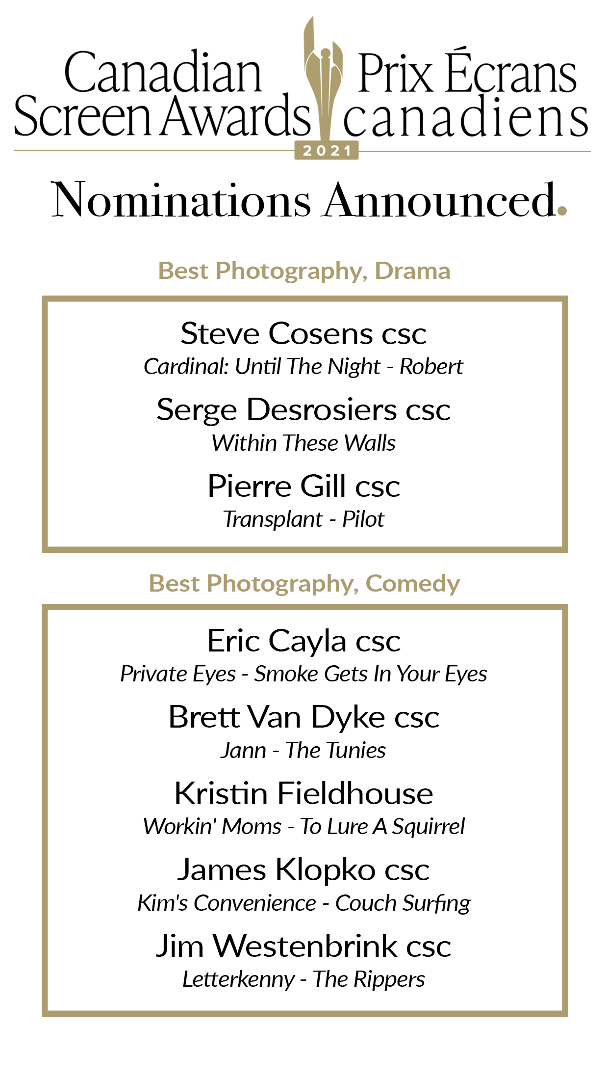 2021 CSA Award Nominees - Canadian Society of Cinematographers